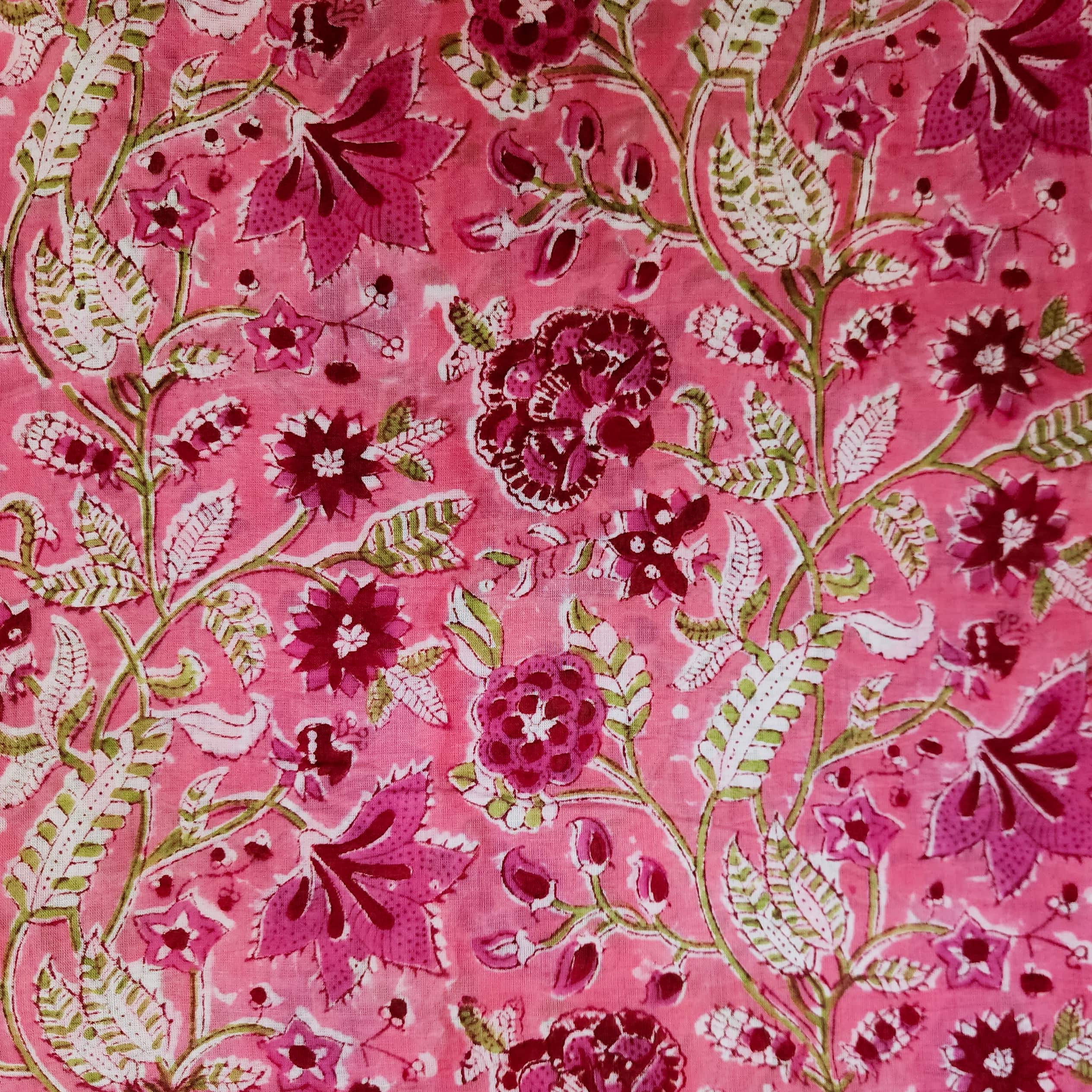 Mul Pure Cotton Jaipuri Pink With Red Jungle Flower Jaal Hand Block Pr ...