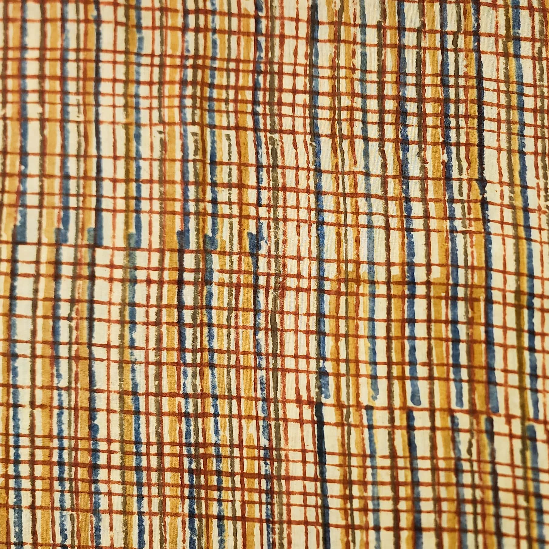 Mul Pure Cotton Kalamkari Cream With Mustard And Blue Small Checks Han ...