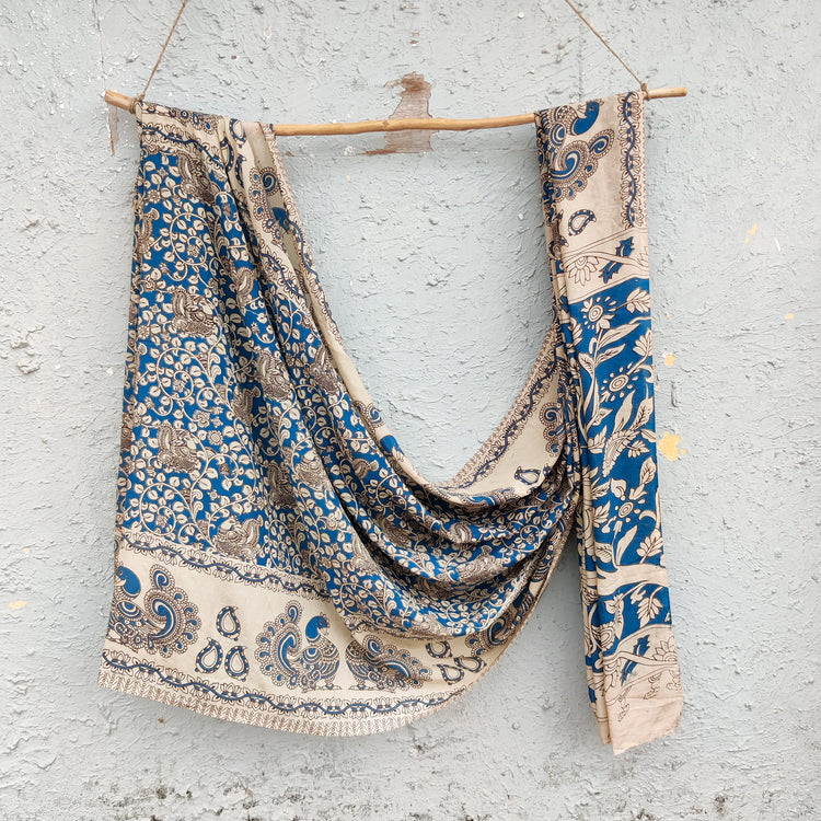 NAAVYA-Modal Cotton Kalamkari Blue With Cream Saree – Sanskruti
