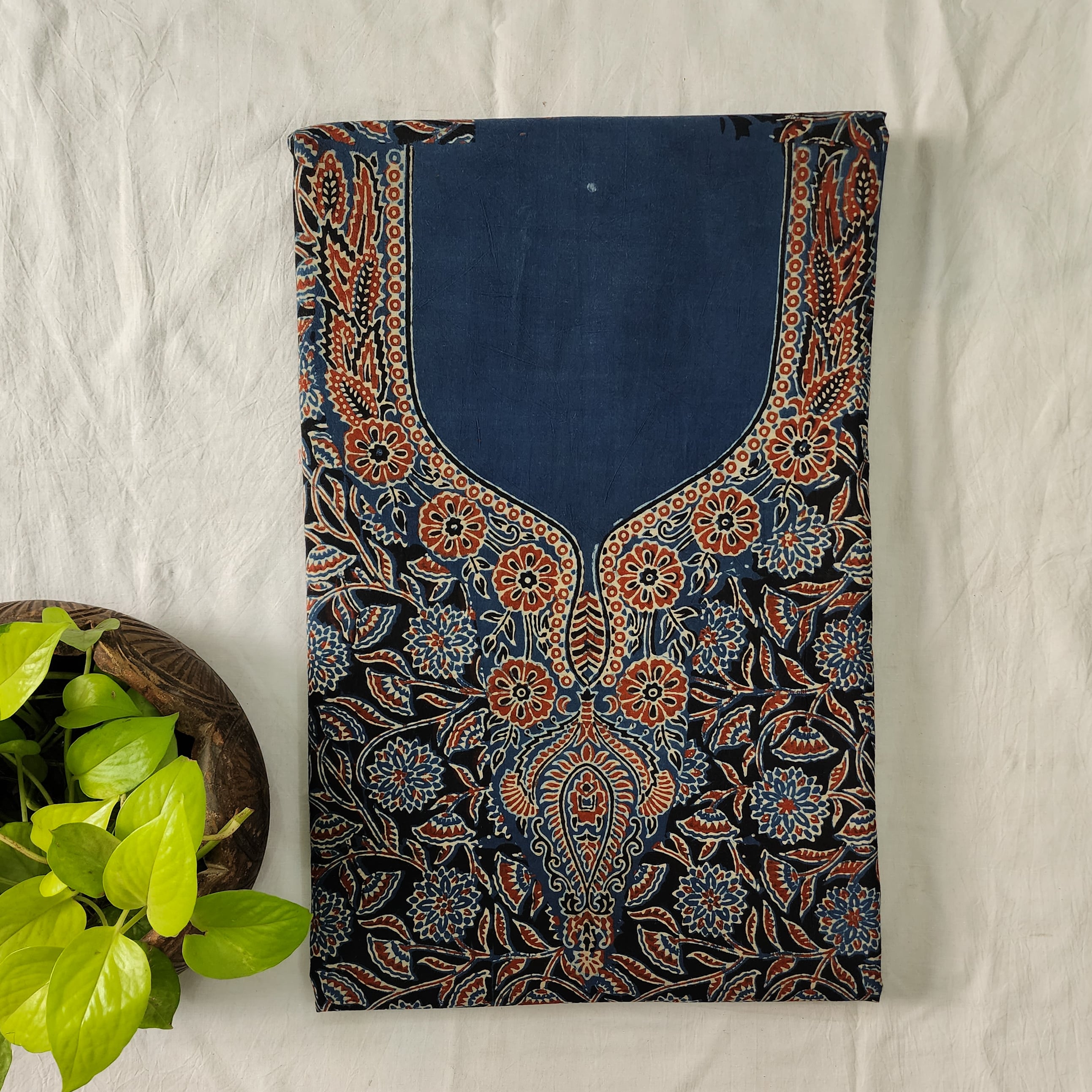 NAVYA-Pure Cotton Ajrak Blue With Light Black And Red Neck Design And ...