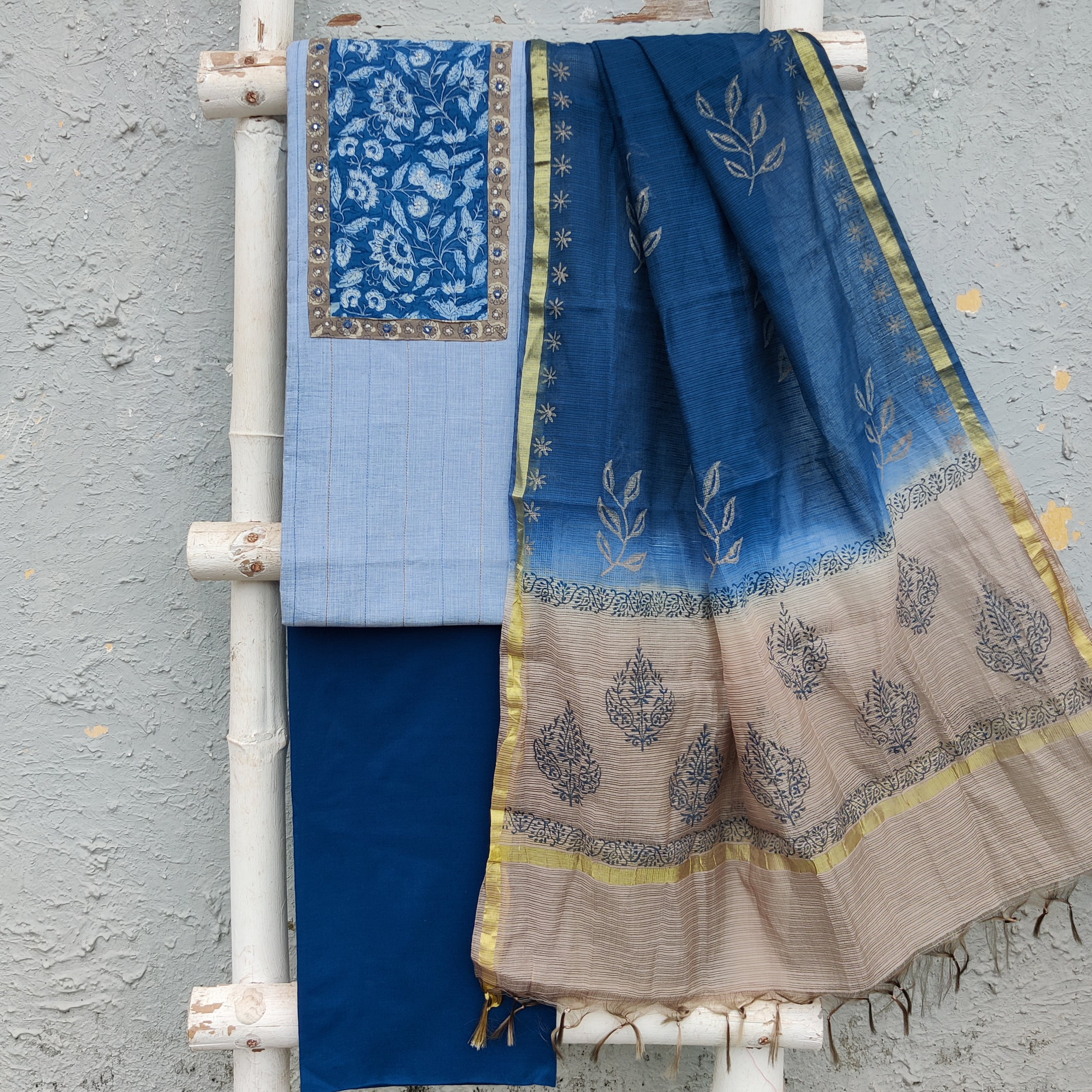 NIDHI-Pure Cotton Light Blue With Indigo Yoke And Plain Dark Blue Bott ...