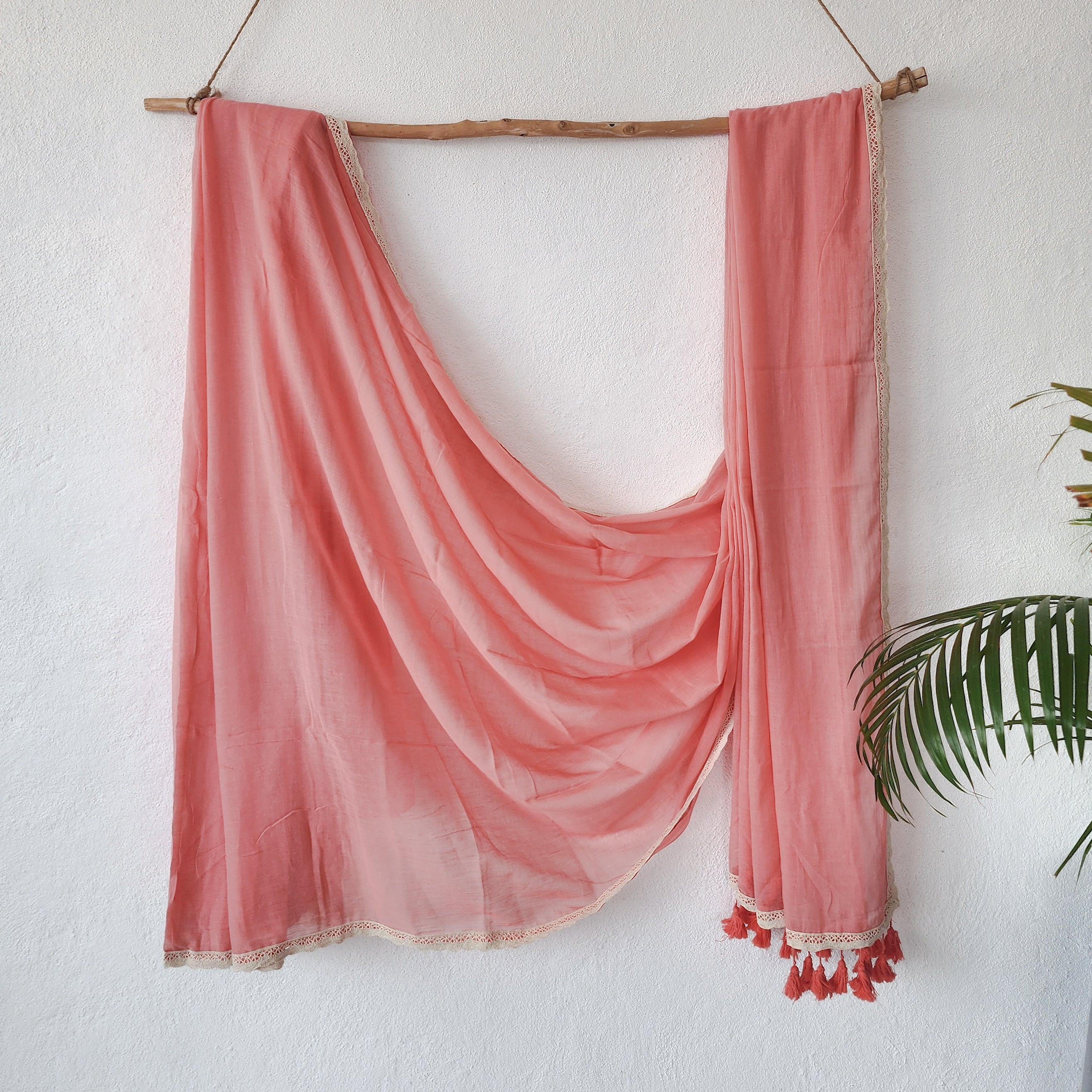 PIKU-Pure Cotton Mul Peach With Lace Saree – Sanskruti