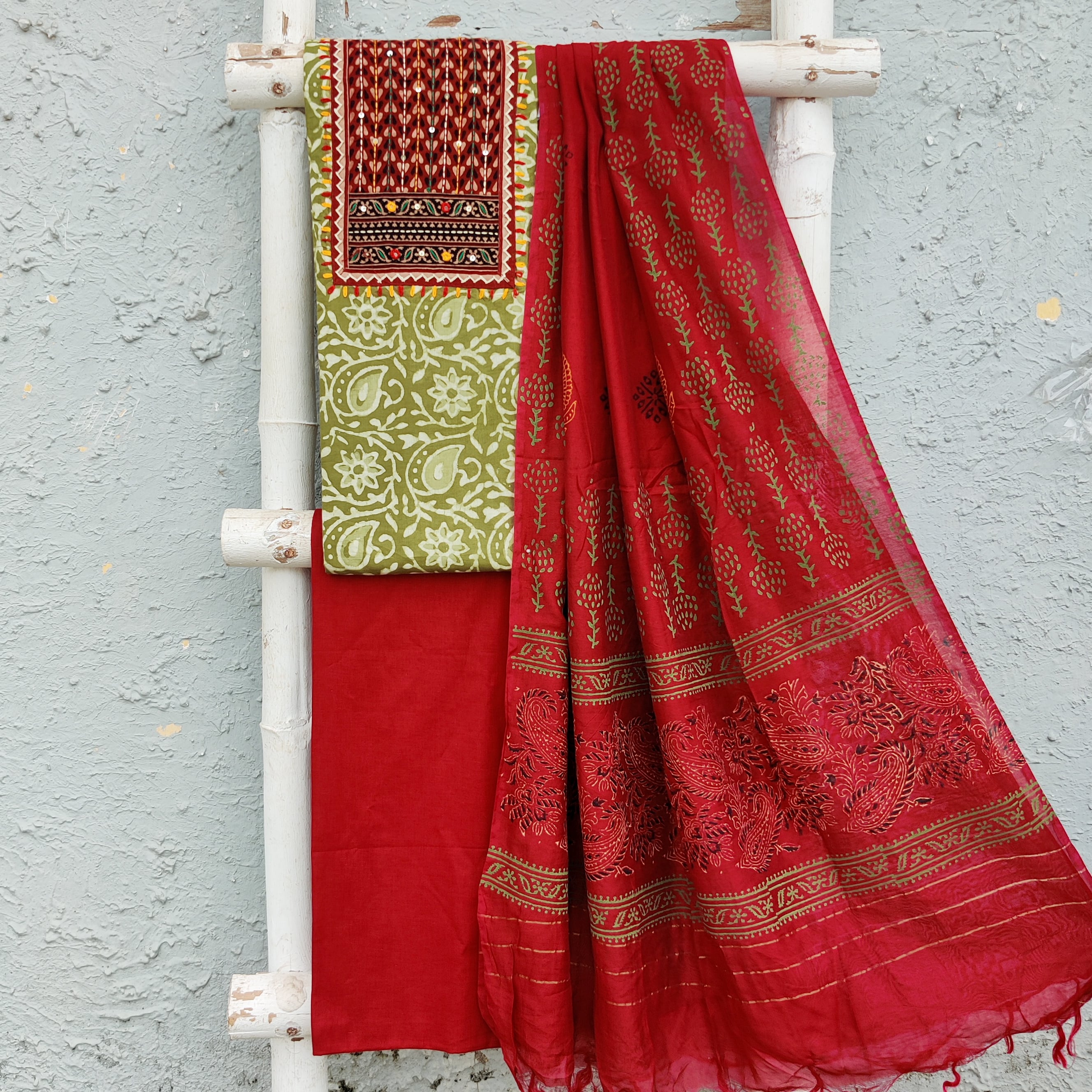 PIYA-Pure Cotton Dabu Light Green With Red Emboriderey Design Yoke And ...