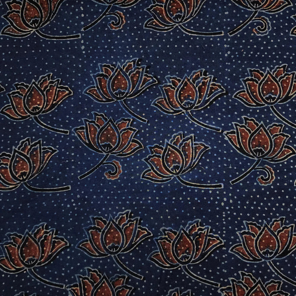 ( PRE-CUT 0.85 METER ) Pure Cotton Ajrak Persian Blue With Rust Kamal – Sanskruti