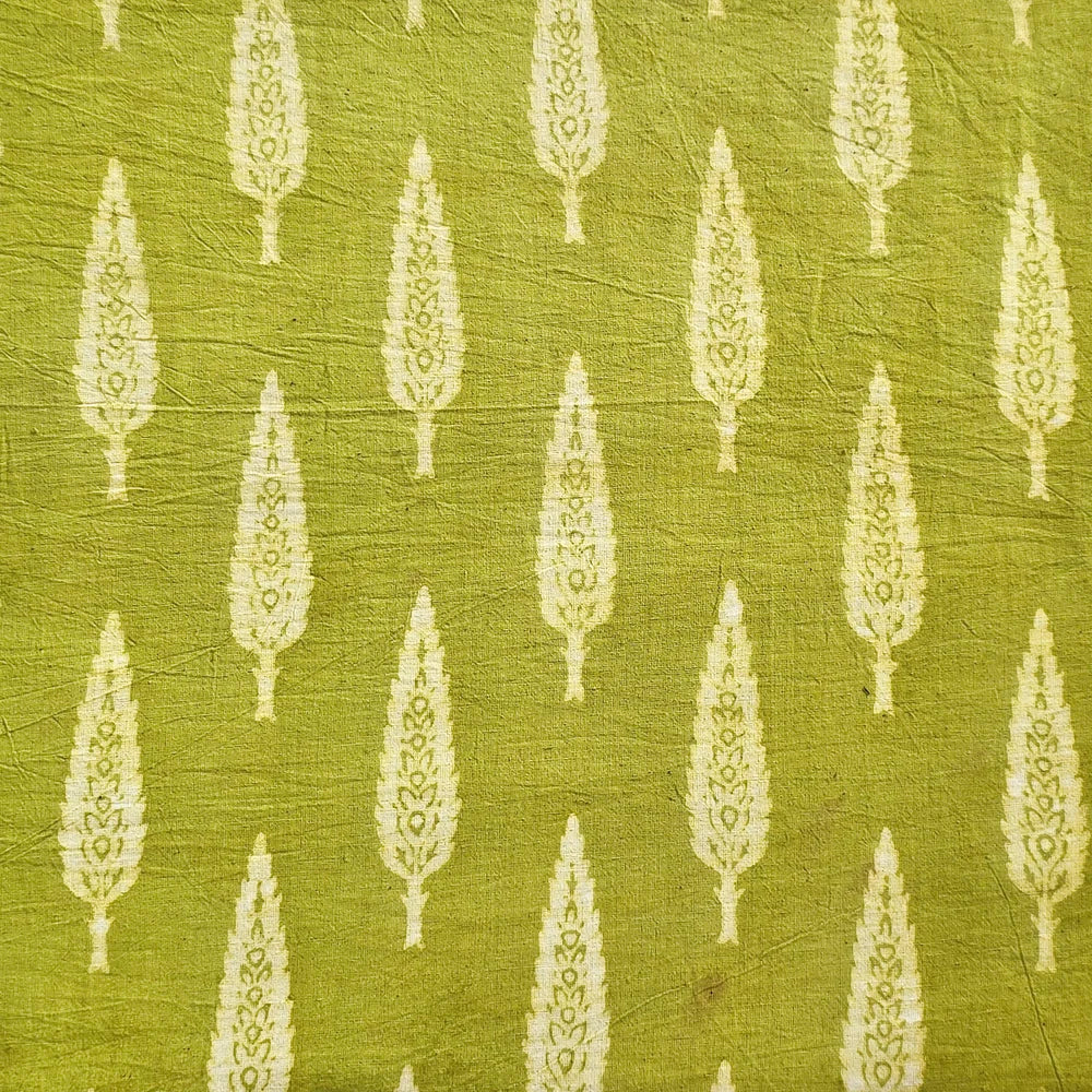 ( PRE-CUT 0.90 CM ) Pure Cotton Dabu Green With Cream Leaves Motif Han – Sanskruti