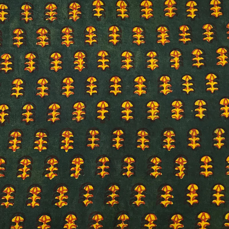 ( PRE-CUT 0.90 METER ) Pure Cotton Dabu Dark Green With Yellow Fish Bo – Sanskruti