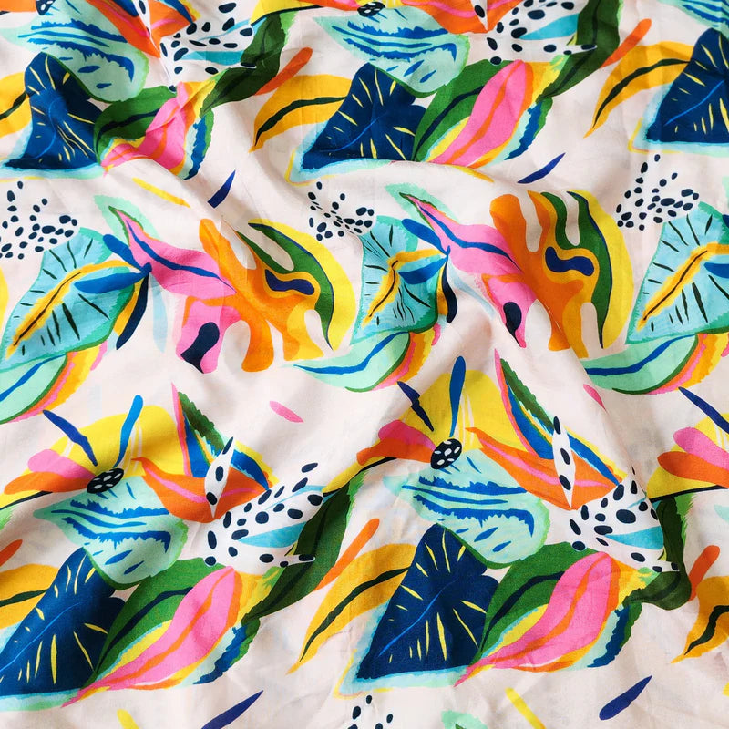 ( PRE-CUT 1.10 METER ) Viscose Muslin Floral Leaves Screen Print Fabri ...