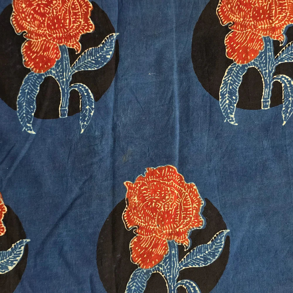 ( PRE-CUT 1.30 METER ) Pure Cotton Ajrak Blue With Red And Black Rose – Sanskruti