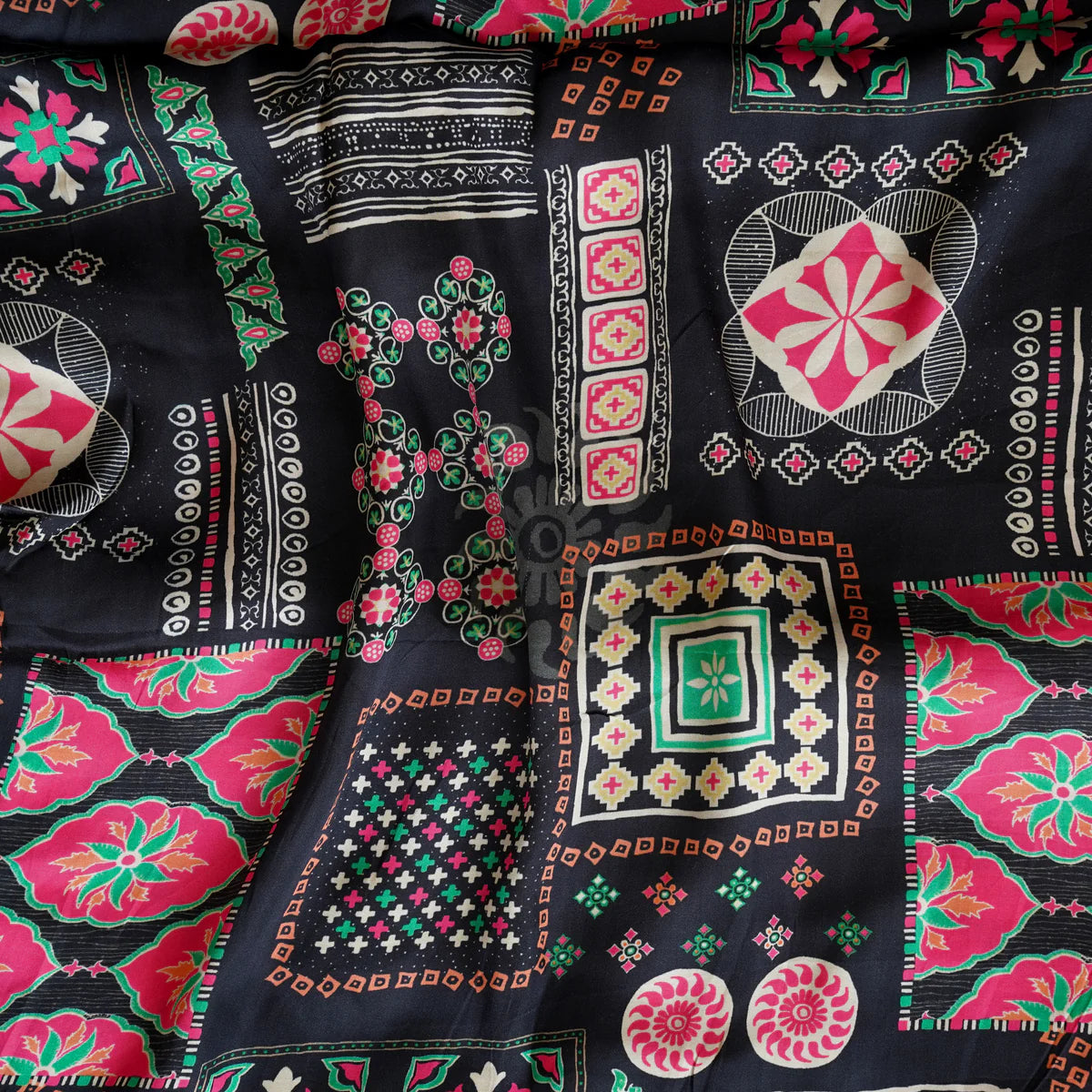 (Pre-Cut 0.80 Meter) Pure Modal Satin Print Black Design Fabric – Sanskruti