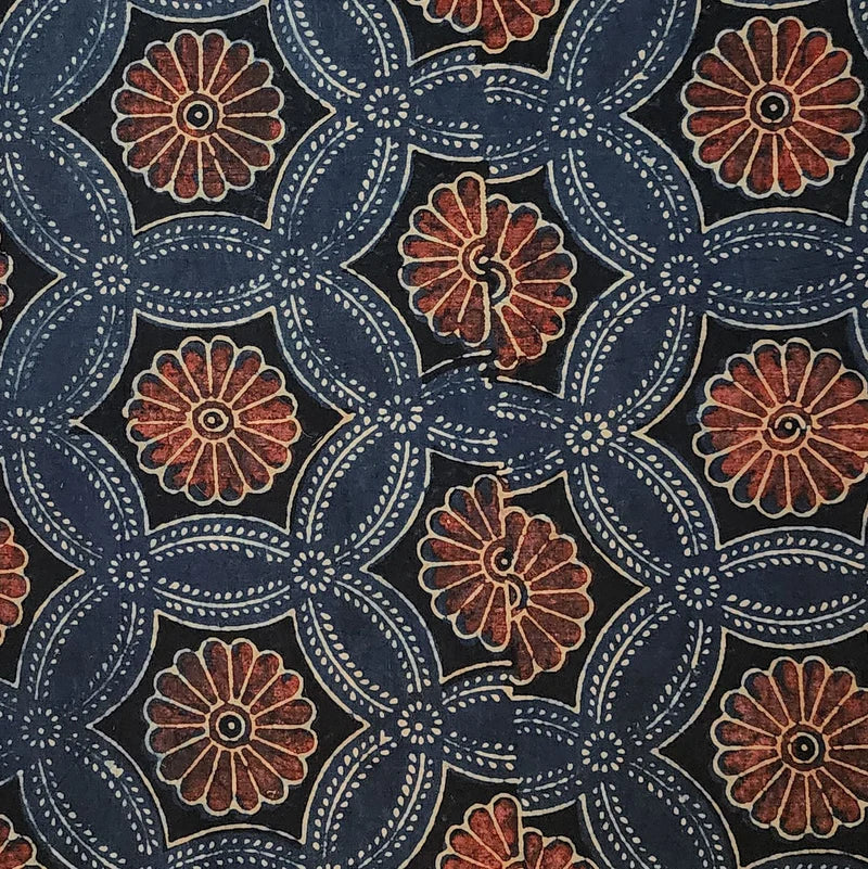 ( PRE-CUT 1.5 METER ) Pure Cotton Ajrak Blue With Red Flower Comb Hand – Sanskruti