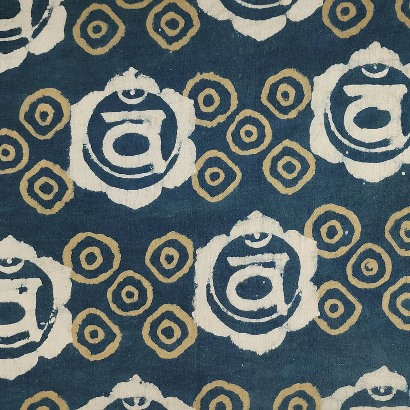 (PRE-CUT 1.5 METER ) Pure Cotton Dabu Blue With Mustard And White Intr ...