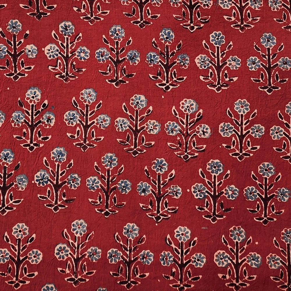 ( PRE-CUT 0.80 CM ) Pure Cotton Ajrak Rust Red With Blue Flower Plant – Sanskruti
