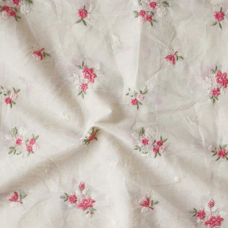 ( PRE-CUT 1 METER ) Pure Cotton Cream And Pink Flower Motif Embroidery ...