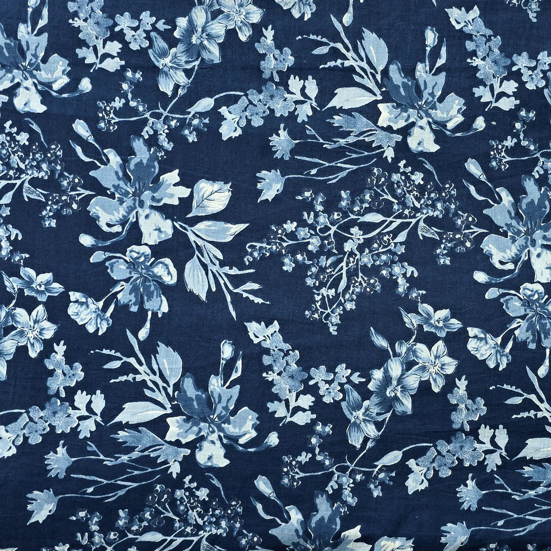 ( PRE-CUT 2 METER ) Pure Cotton Screen Print Blue With Flower Jaal Fab ...