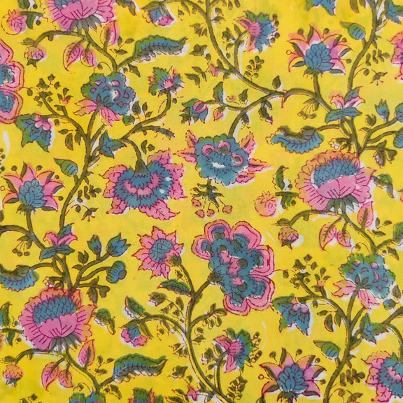 PRE-CUT 80 CM Pure Cotton Jaipuri Yellow With Pink And Blue Flower Jaa ...