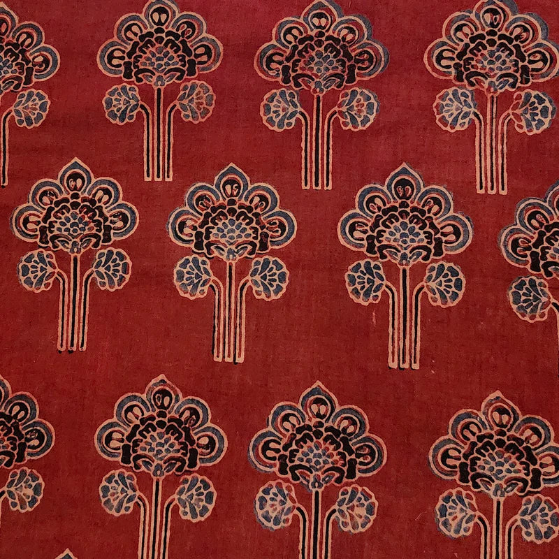 ( PRE-CUT 90 CM ) Pure Cotton Ajrak Rust With Tree Motif Hand Block Pr ...