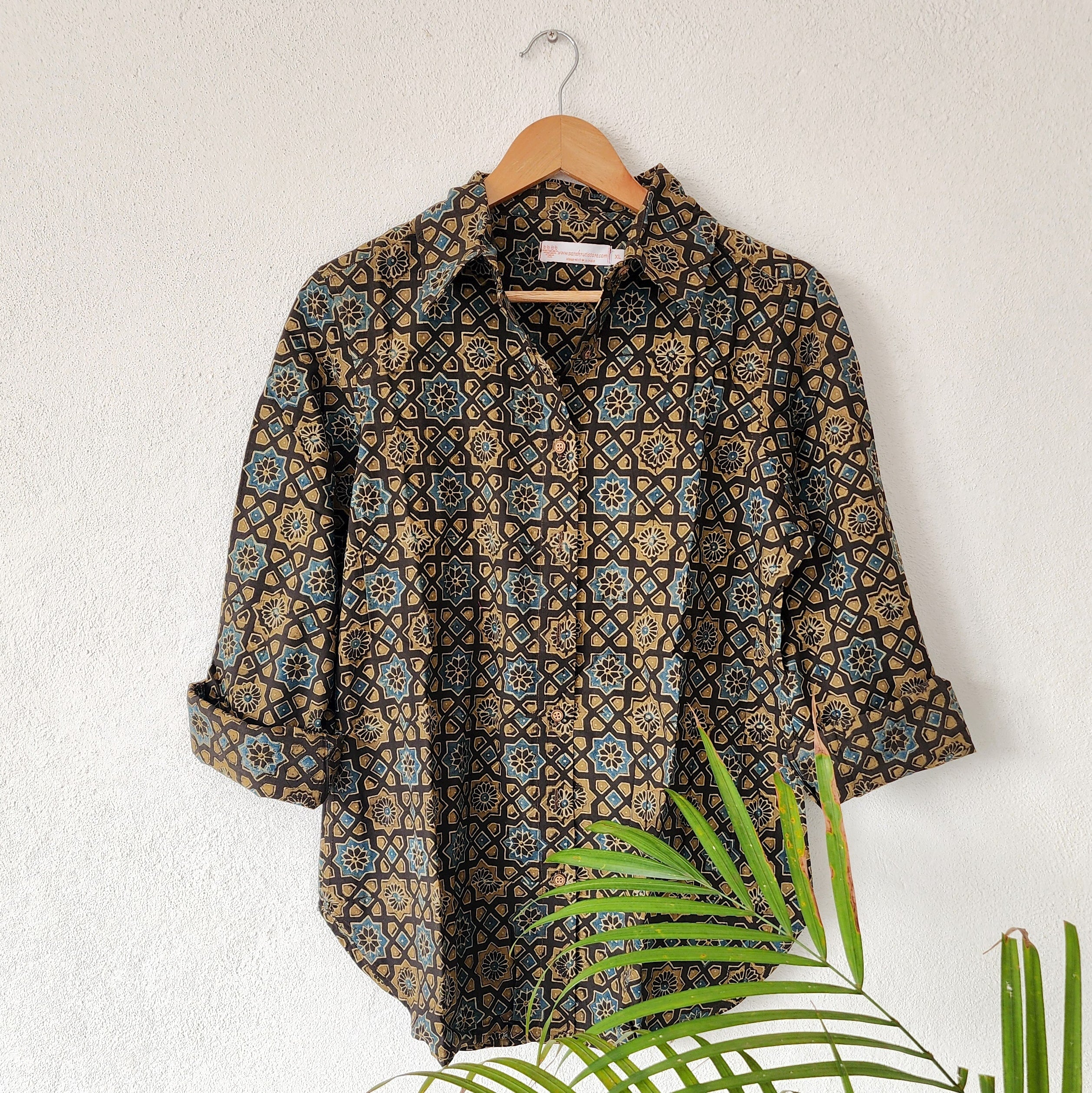 Pookie - Pure Cotton Ajrak Dark Brown With Star Tile Shirt – Sanskruti