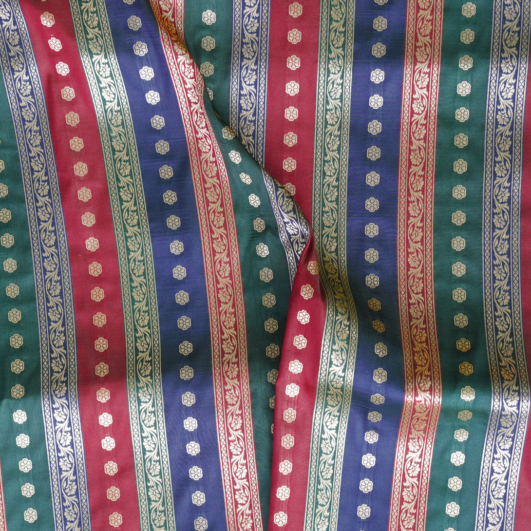 Banarasi Brocade Navy Blue Maroon and Green Border With Golden Zari Fl ...