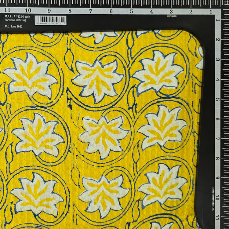 ( Pre-Cut 1.40 Meter )Pure Cotton Doby Dabu Yellow With White Flowers – Sanskruti