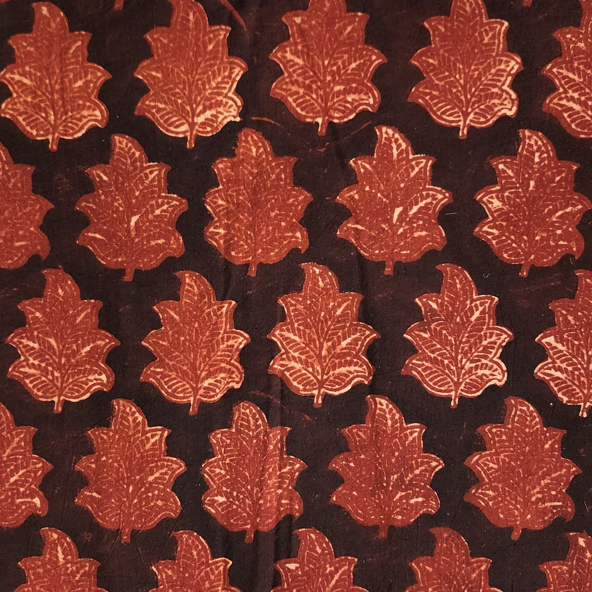 Pre Cut (1.15 Meter)Pure Cotton Ajrak Black With Rust Red Leaves Motif ...