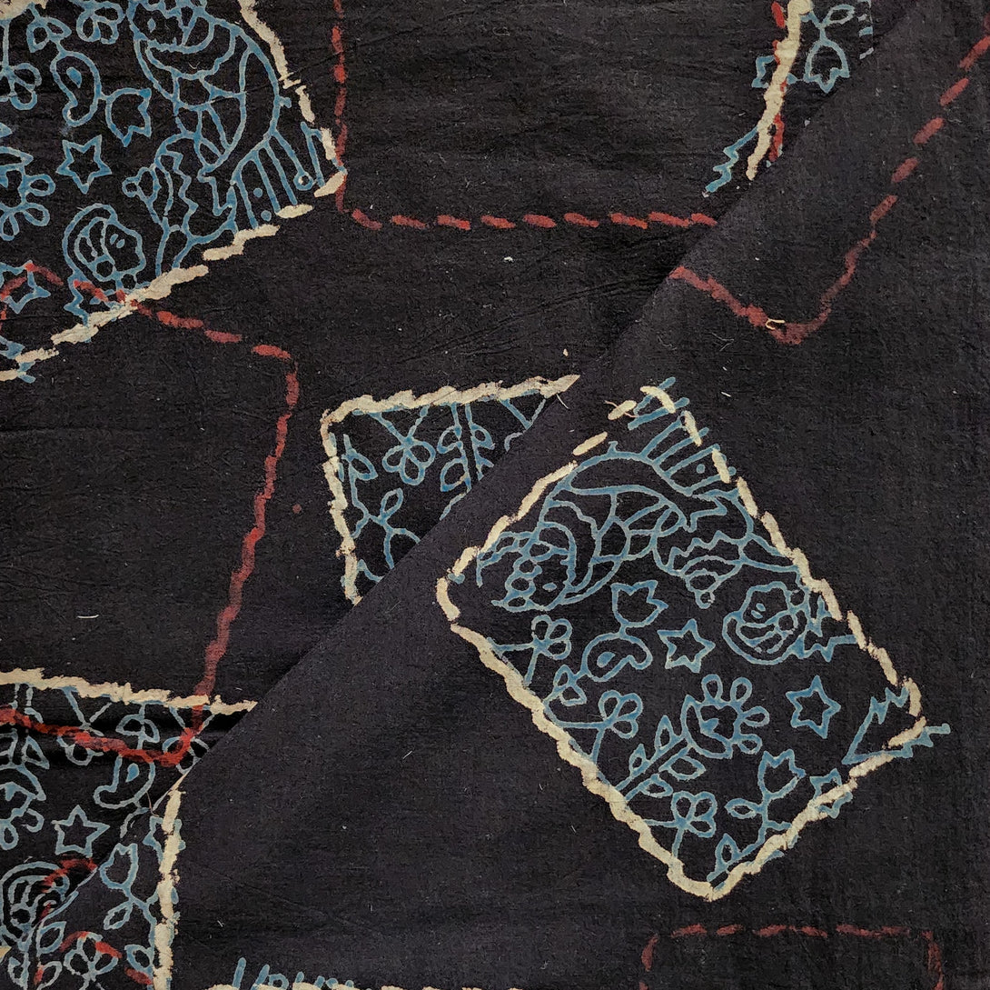 Pure Cotton Ajrak Black With Blue And Red Photo Frames Design Hand Blo ...