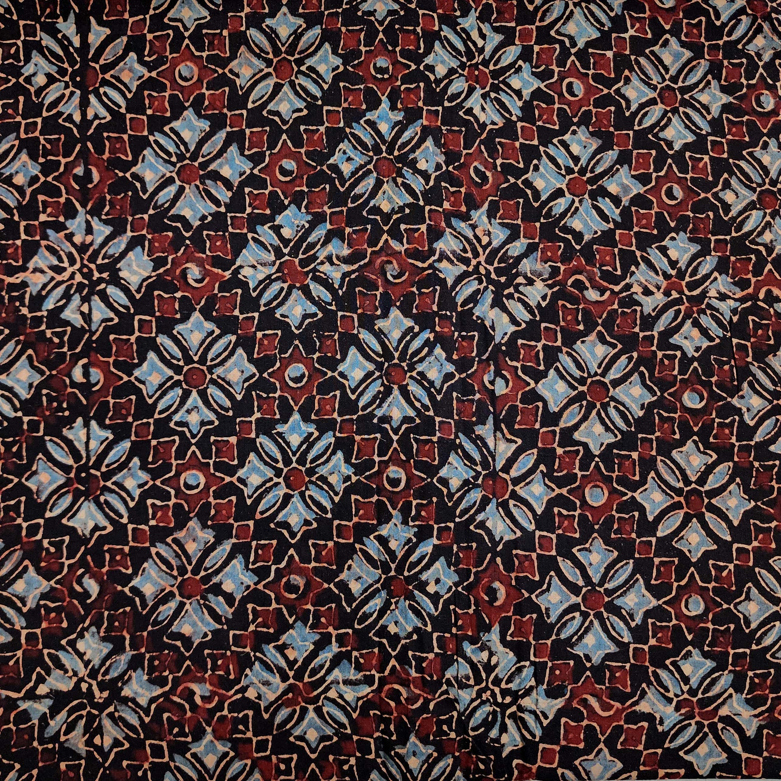 (PRE-CUT 0.85 METER) Pure Cotton Ajrak Black With Blue And Rust Diagon – Sanskruti