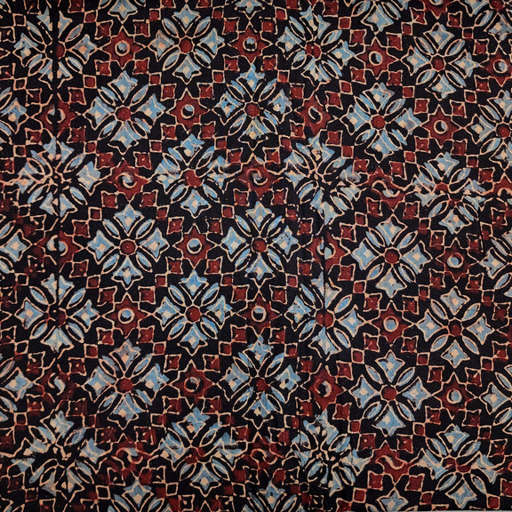 (PRE-CUT 0.85 METER) Pure Cotton Ajrak Black With Blue And Rust Diagon – Sanskruti