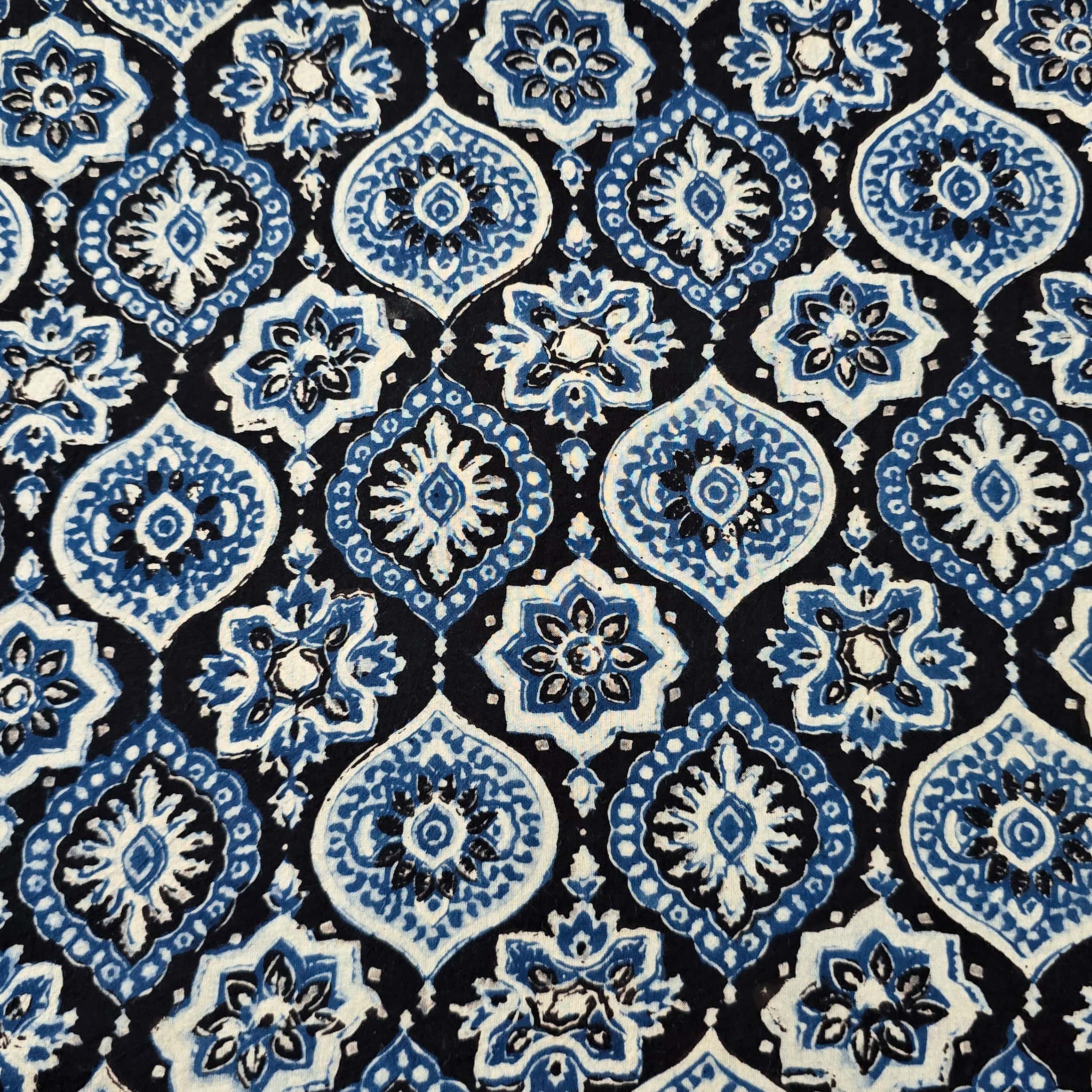 Per Cut (1.20 Meter) Pure Cotton Ajrak Black With Cream And Blue Intri – Sanskruti