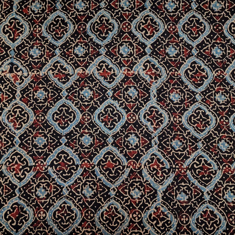 (Pre-Cut 2 Meter)Pure Cotton Ajrak Black With Curvy Star Tile Hand Blo – Sanskruti