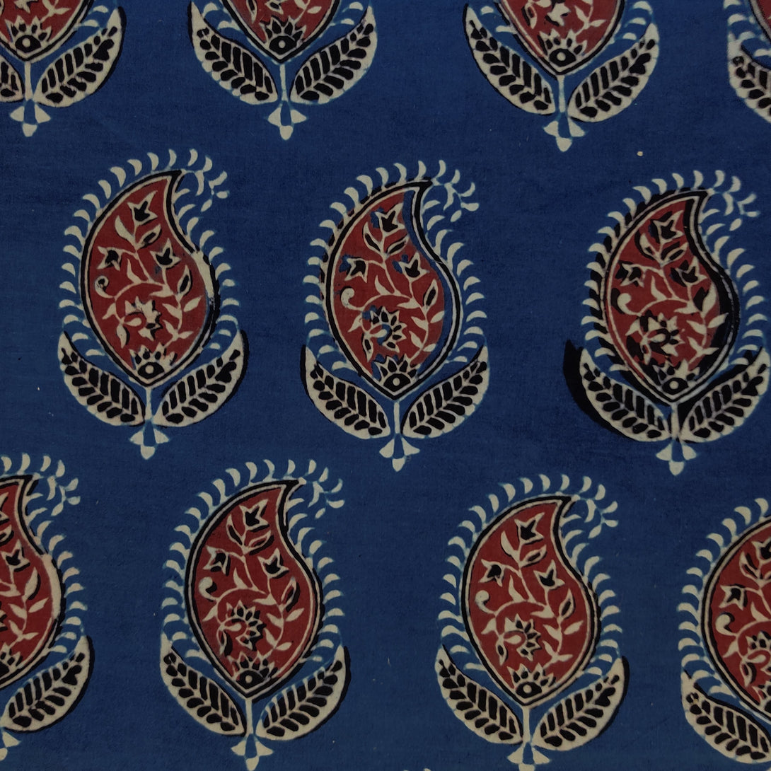 (PRE CUT 0.90 METER )Pure Cotton Ajrak Blue With Black Maroon Cream Ka – Sanskruti