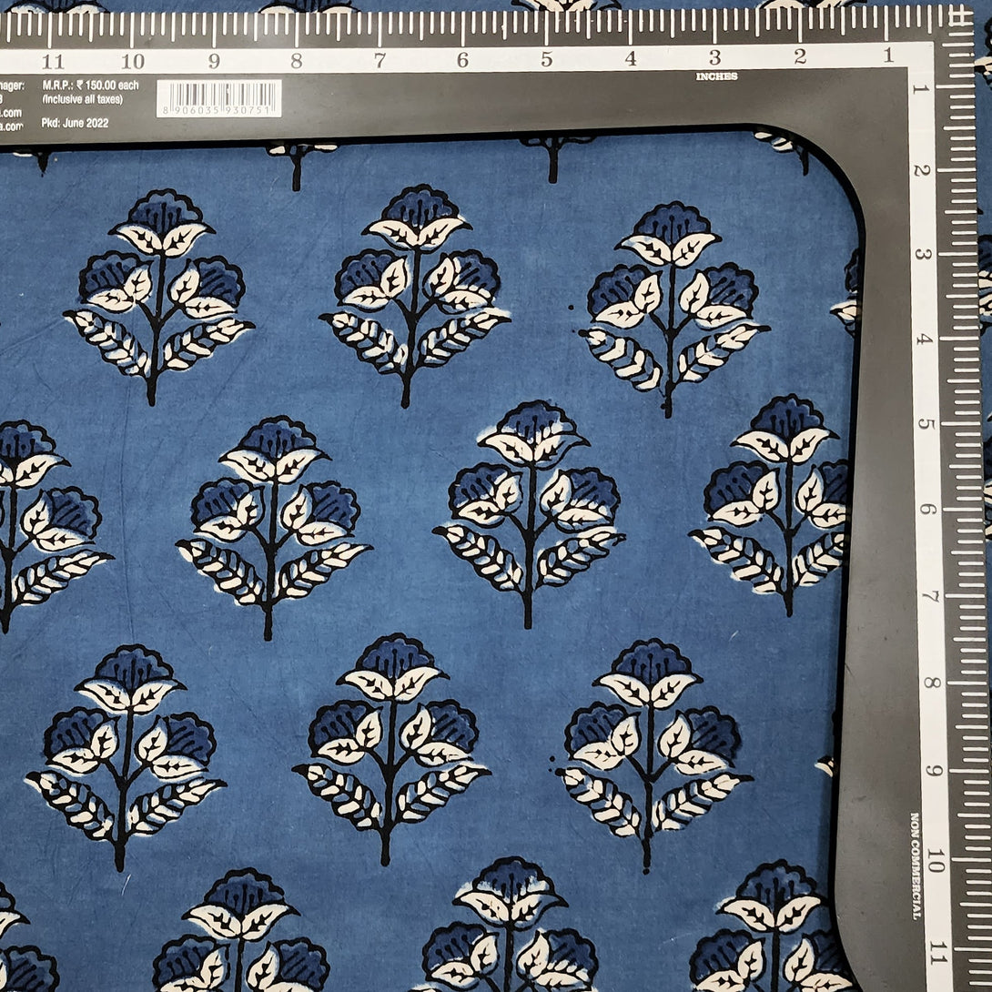 Pure Cotton Ajrak Blue With Flower Motif Hand Block Print Fabric – Sanskruti