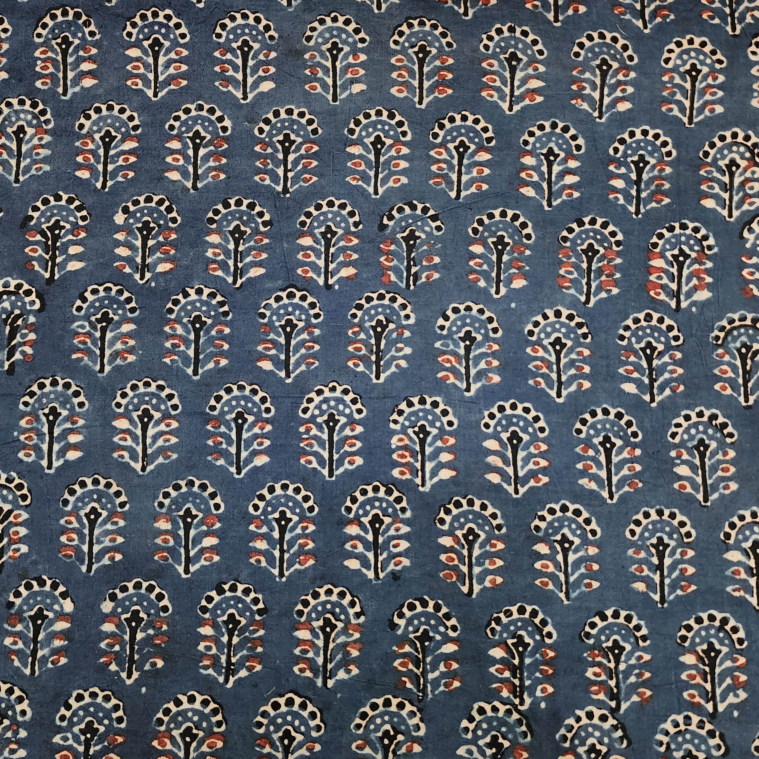 Pure Cotton Ajrak Blue With Grass Flower Motif Hand Block Print Fabric ...