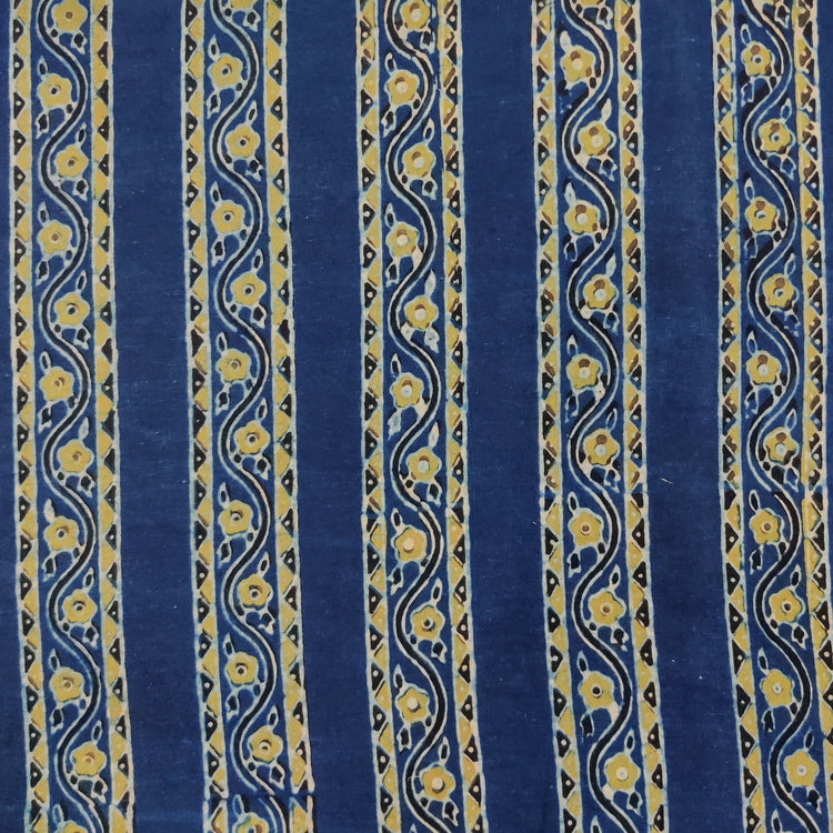 Pure Cotton Ajrak Blue With Green Leaves Creeper Border Hand Block Pri – Sanskruti