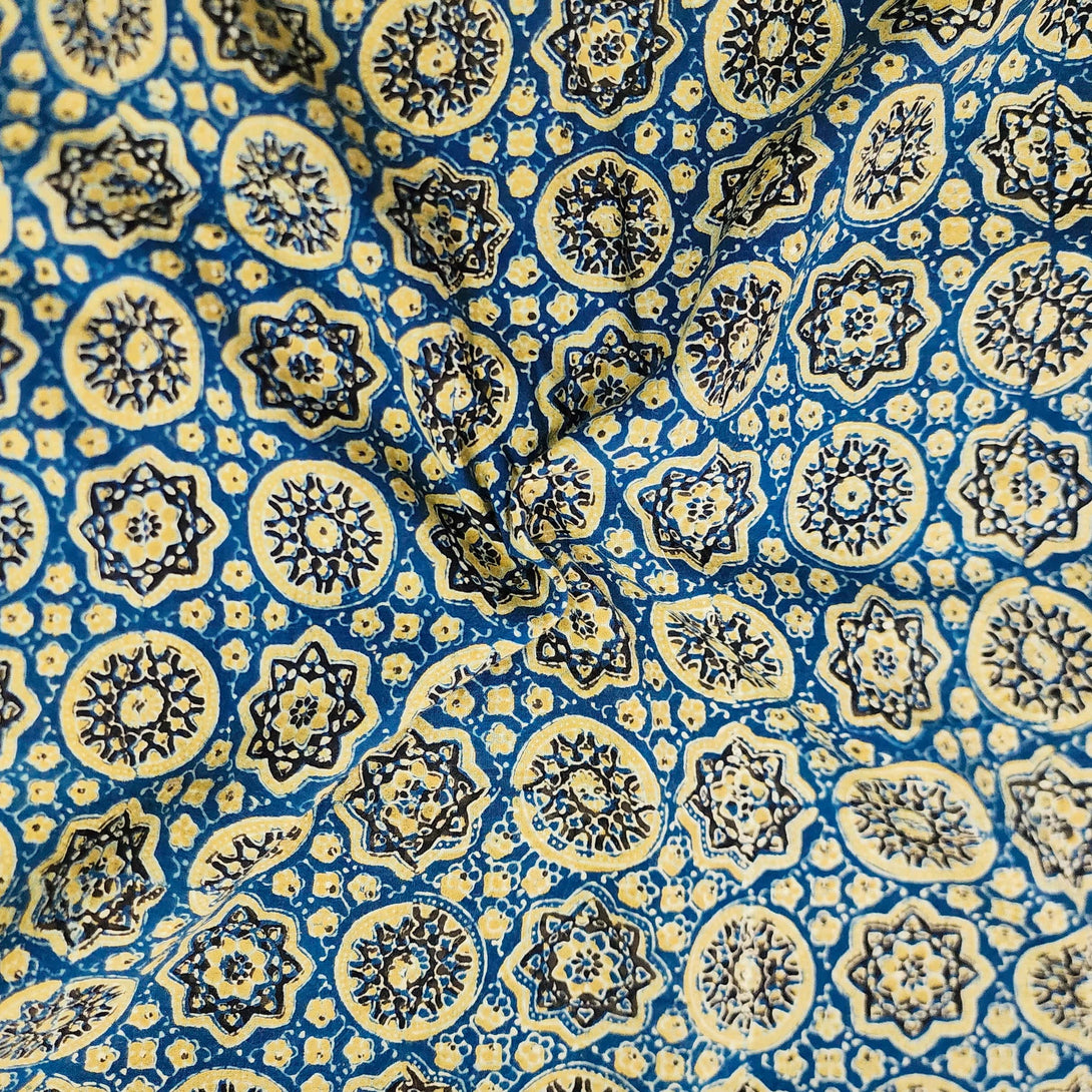 Pure Cotton Ajrak Blue With Mustard Mahindi Chakra Hand Block Print Fa ...