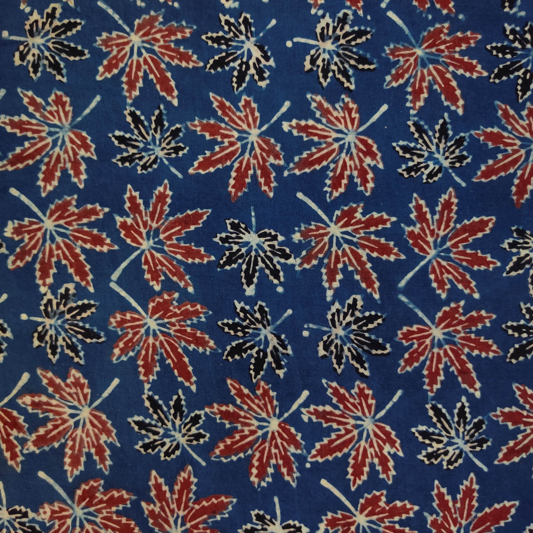 (Pre Cut 0.80 Meter )Pure Cotton Ajrak Blue With Red Black Oak Leaf Ha – Sanskruti