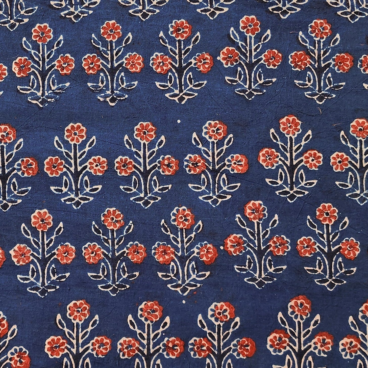(PRE-CUT 1.10 METER) Pure Cotton Ajrak Blue With Red Flower Plant Moti – Sanskruti