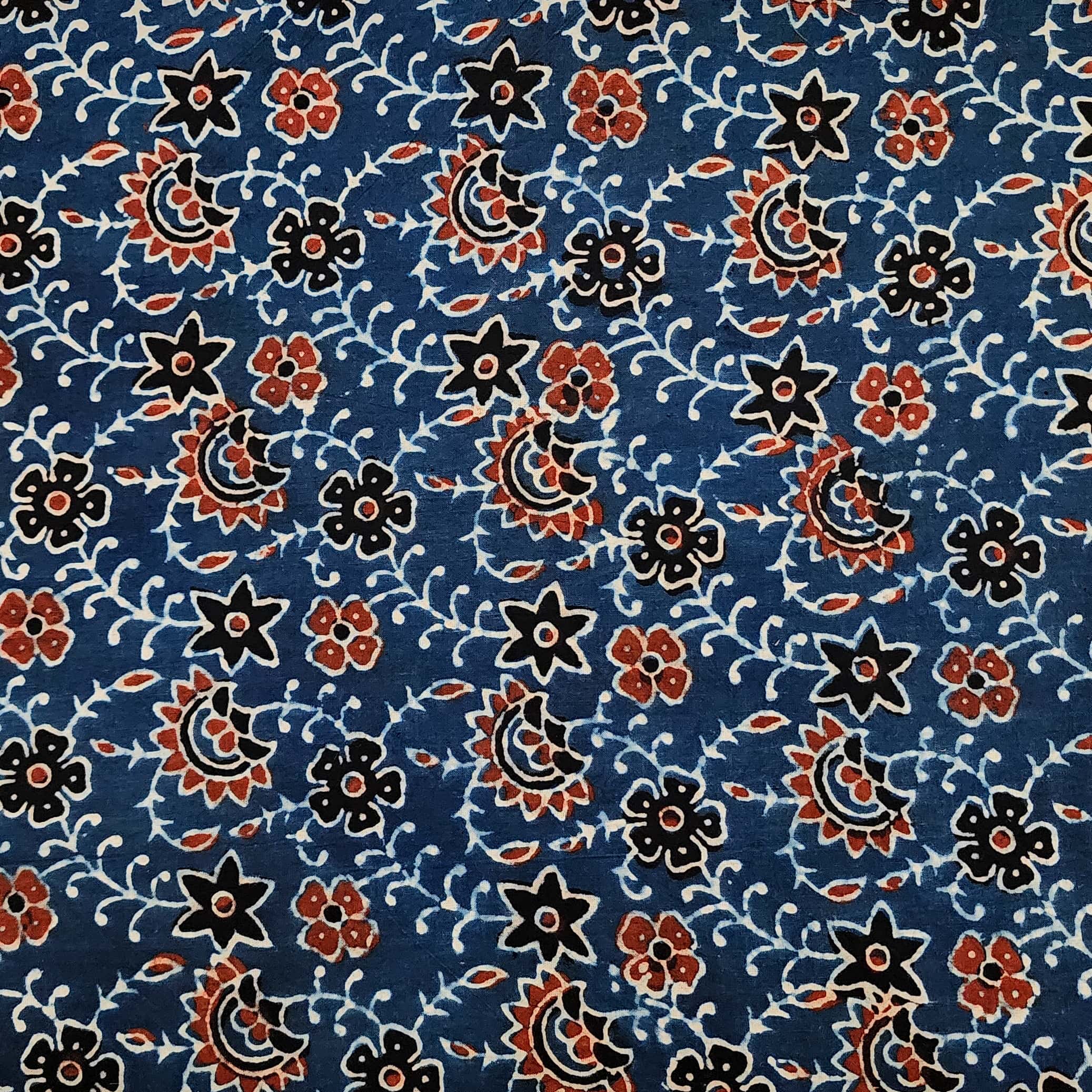 Pure Cotton Ajrak Blue With Rust And Cream Flower Jaal Hand Block Prin ...