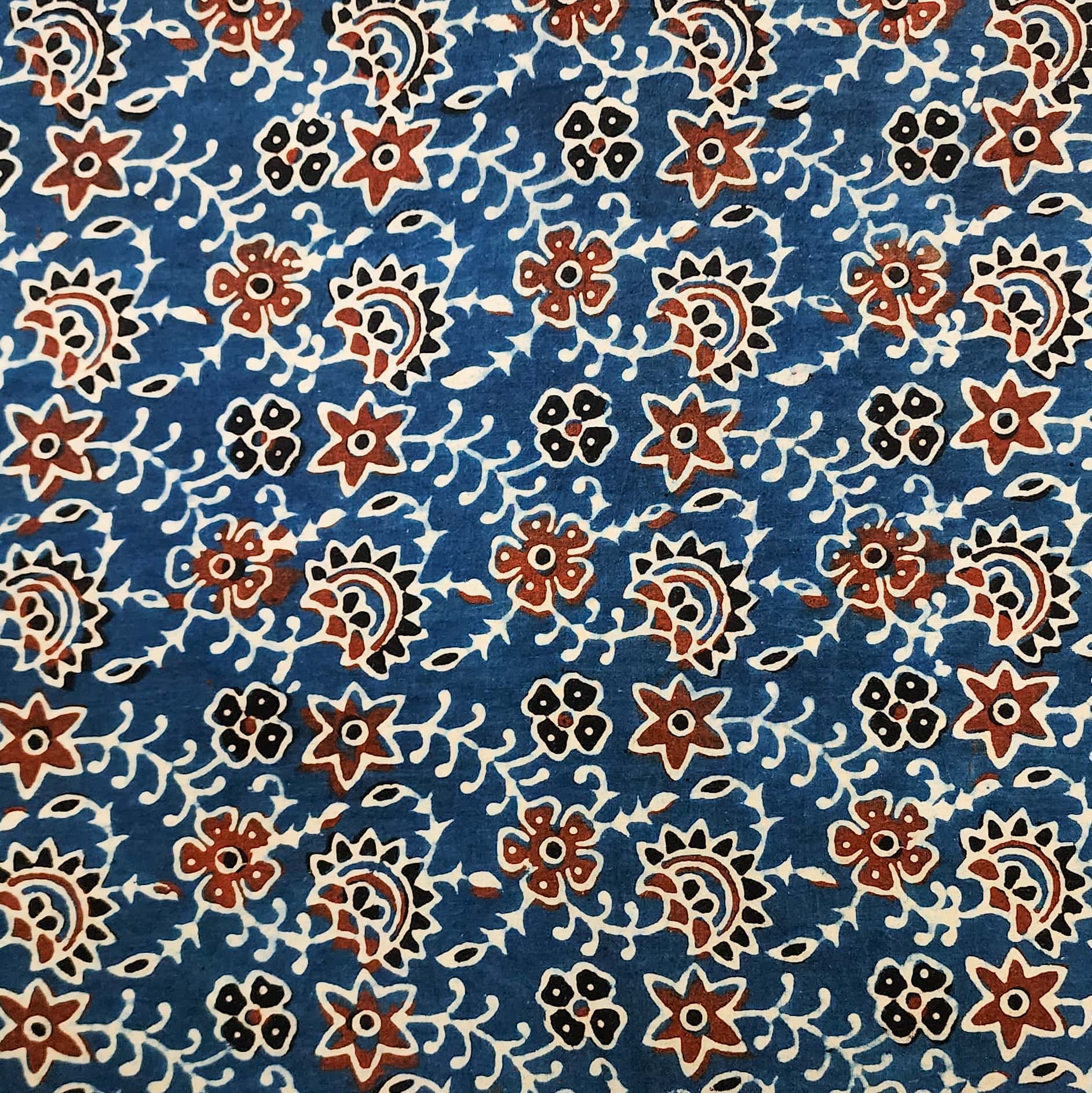 Pure Cotton Ajrak Blue With Rust And Cream Flower Jaal Hand Block Prin – Sanskruti