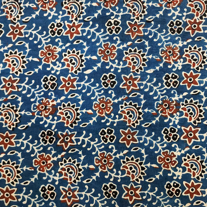 (Pre-Cut 0.90 Meter) Pure Cotton Ajrak Blue With Rust And Cream Flower – Sanskruti