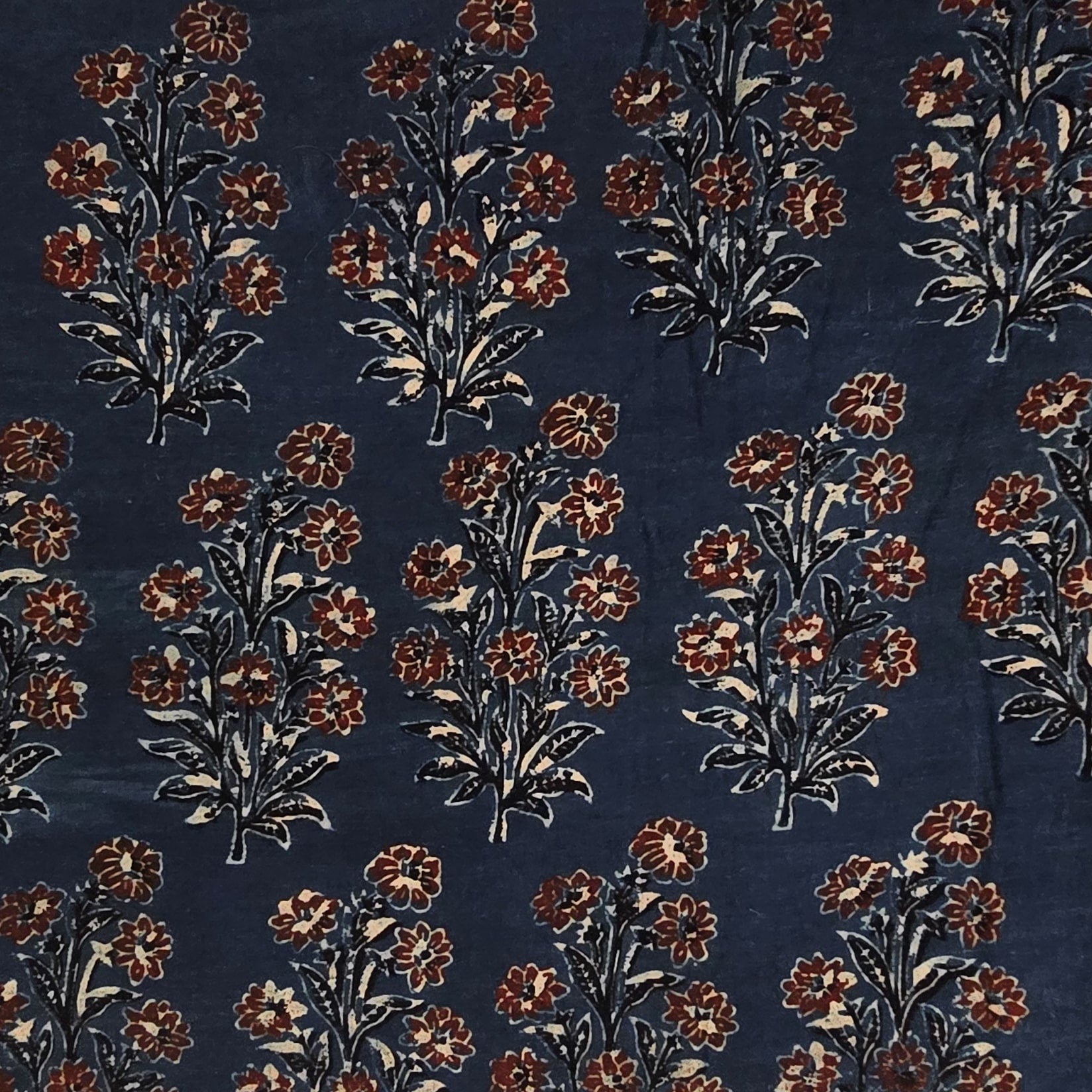 Pure Cotton Ajrak Blue With Rust Red Flower Plant Motif Hand Block Pri – Sanskruti