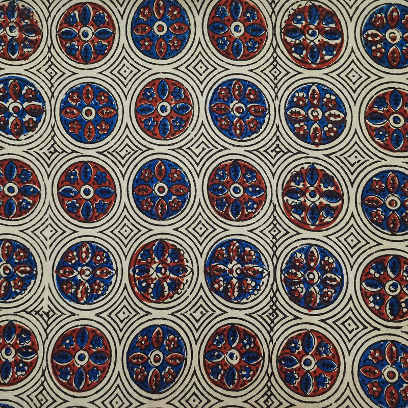 (Pre-Cut 1 Meter) Pure Cotton Ajrak Cream With All Over Chakra Pattern – Sanskruti