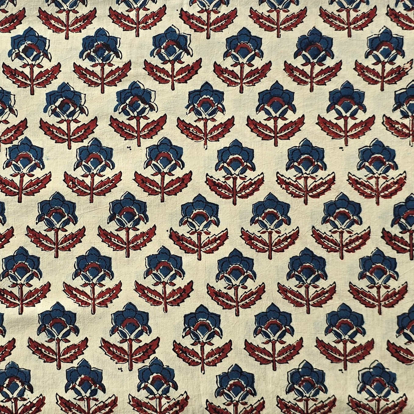 Pure Cotton Double Ajrak Cream With Blue And Red Flower Motif Hand Blo – Sanskruti
