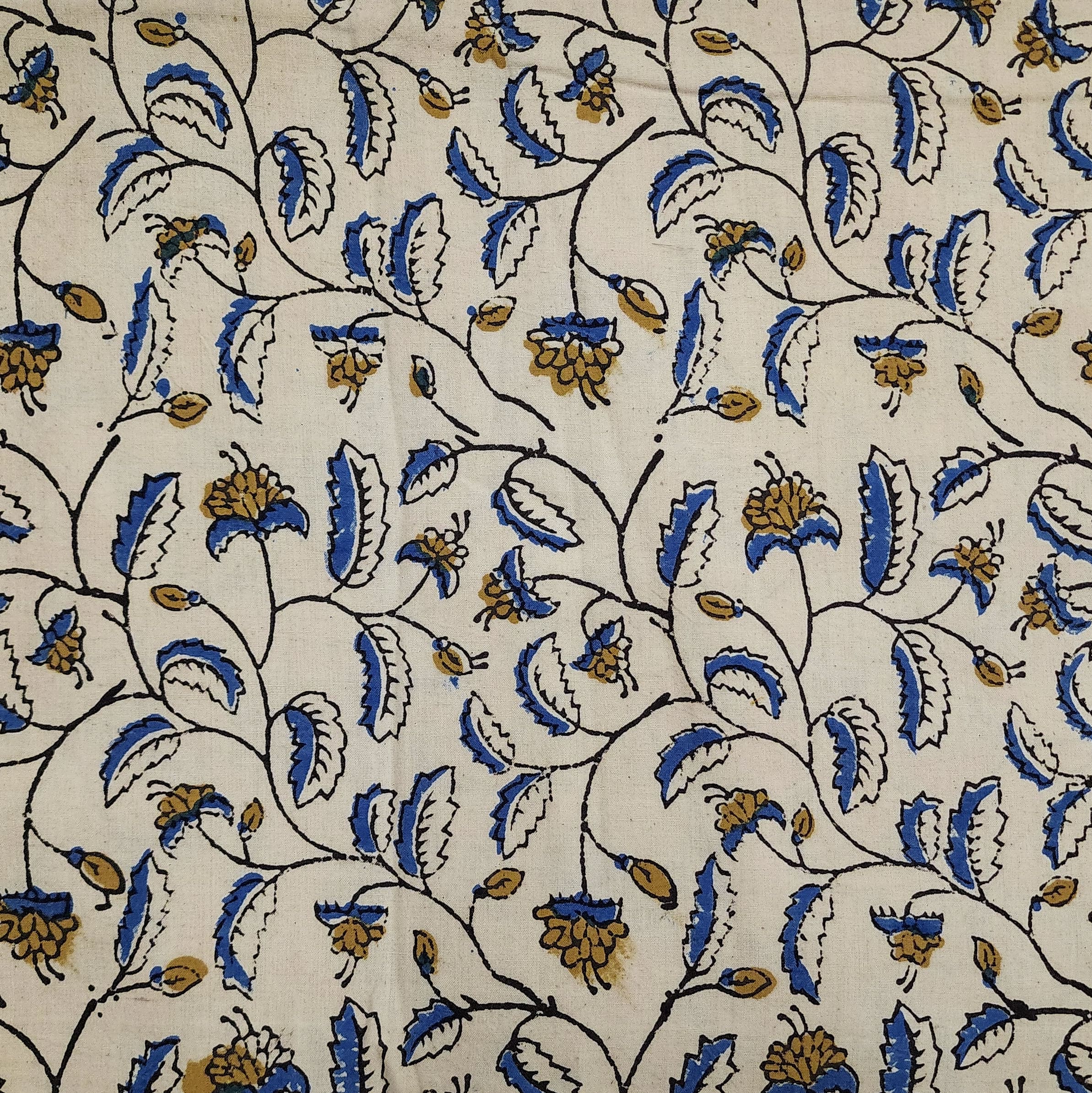 Pre-cut 0.90 Pure Cotton Ajrak Cream With Blue Creeper Hand Block Prin – Sanskruti