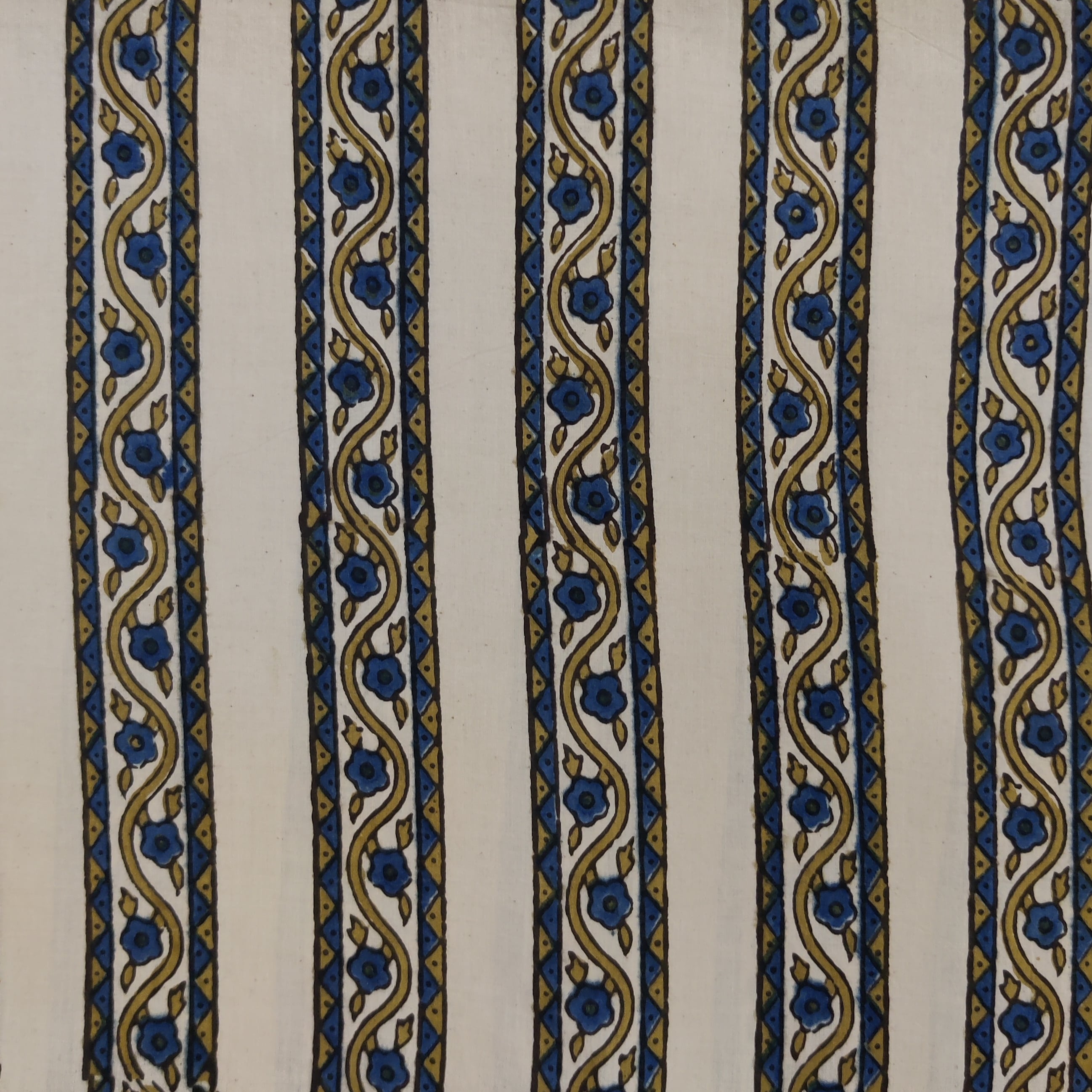 Pure Cotton Ajrak Cream With Blue Flower Creeper Hand Block Print Fabr – Sanskruti