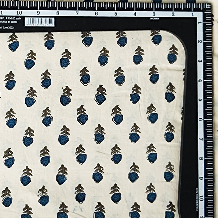 Pure Cotton Double Ajrak Cream With Blue Rose Flower Motif Hand Block – Sanskruti