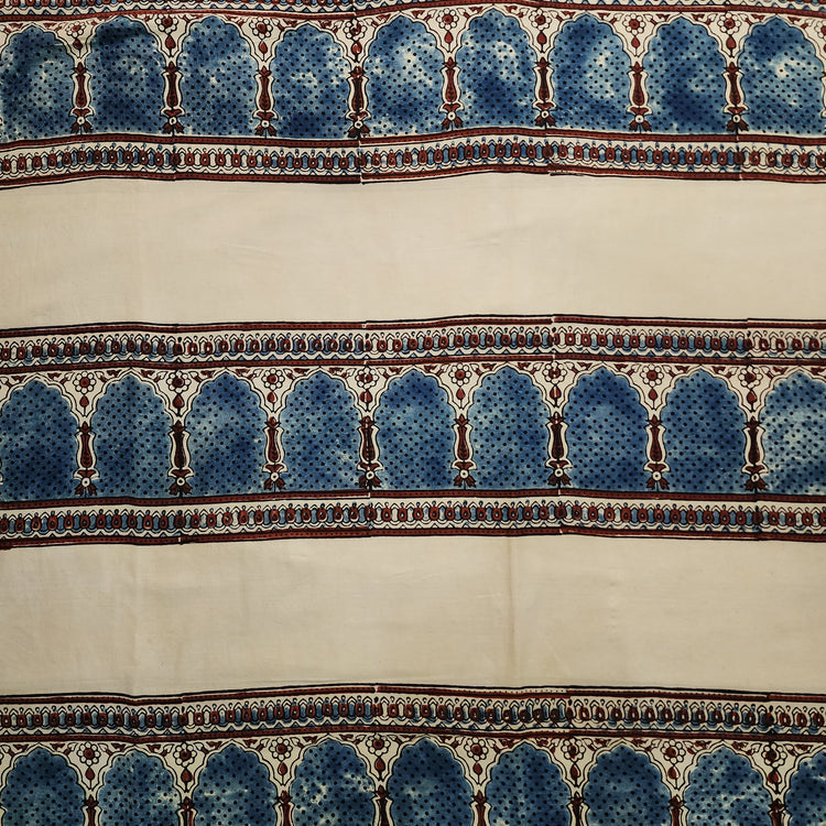 Pure Cotton Ajrak Cream With Rust Blue Big Border Intricate Design Han ...