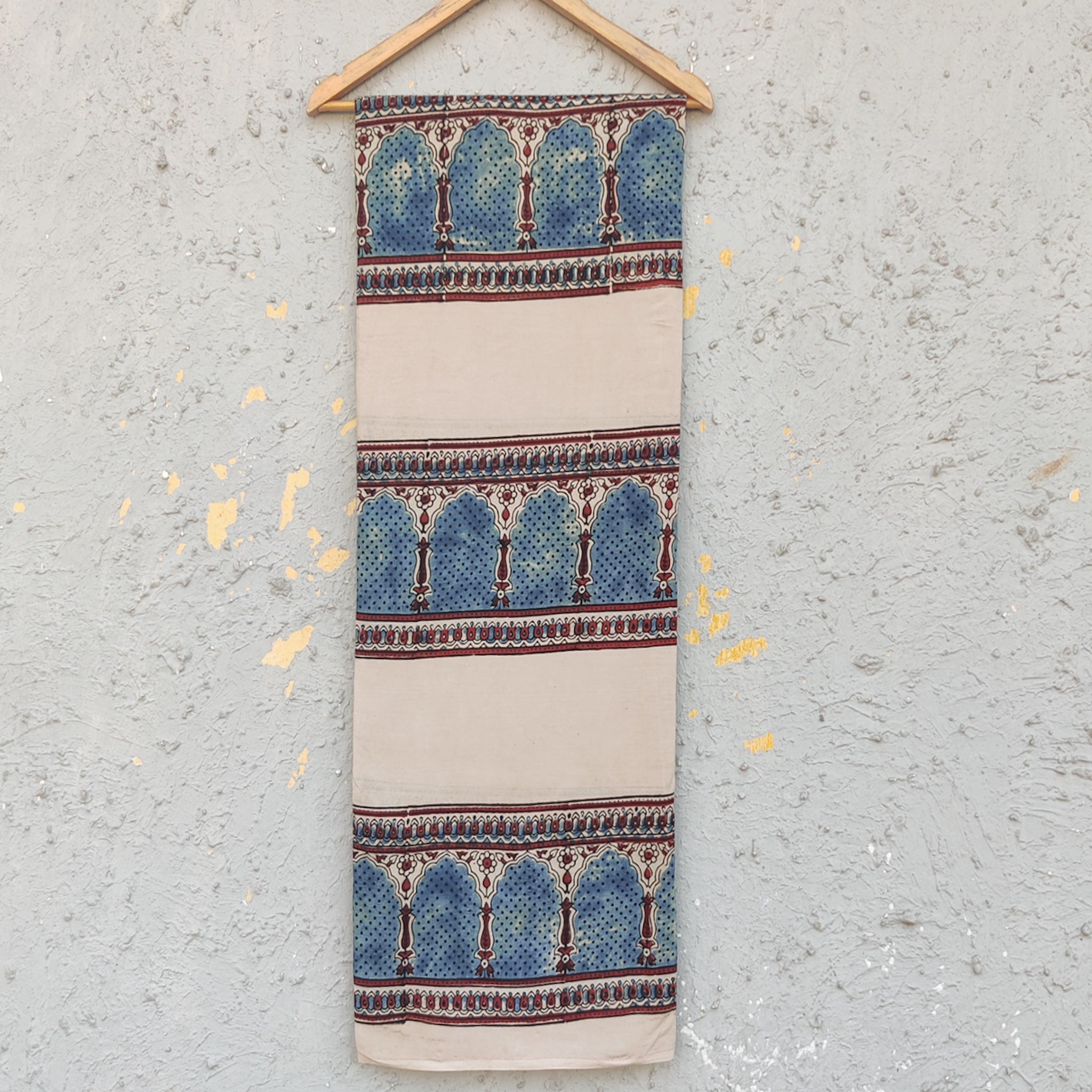 Pure Cotton Ajrak Cream With Rust Blue Big Border Intricate Design Han ...