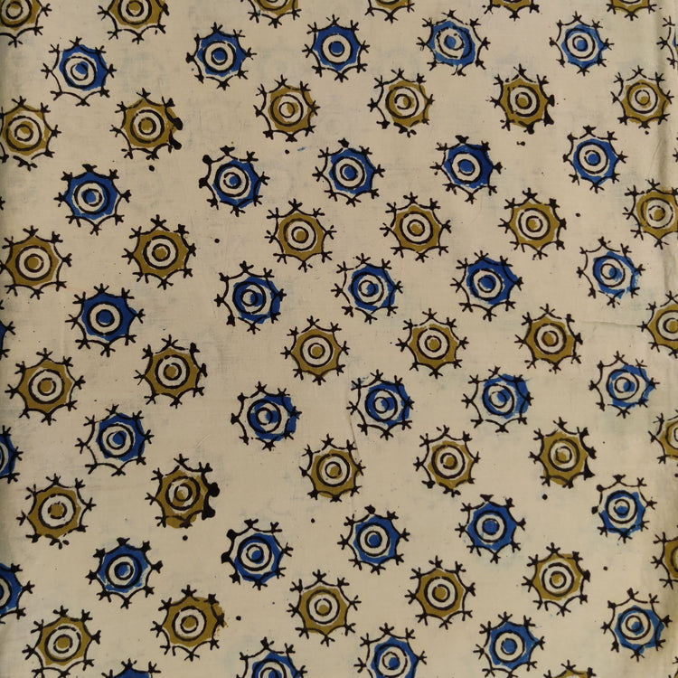 Pre Cut (1.5 Meter) Pure Cotton Ajrak Cream With Tribal Chakra Hand Bl – Sanskruti