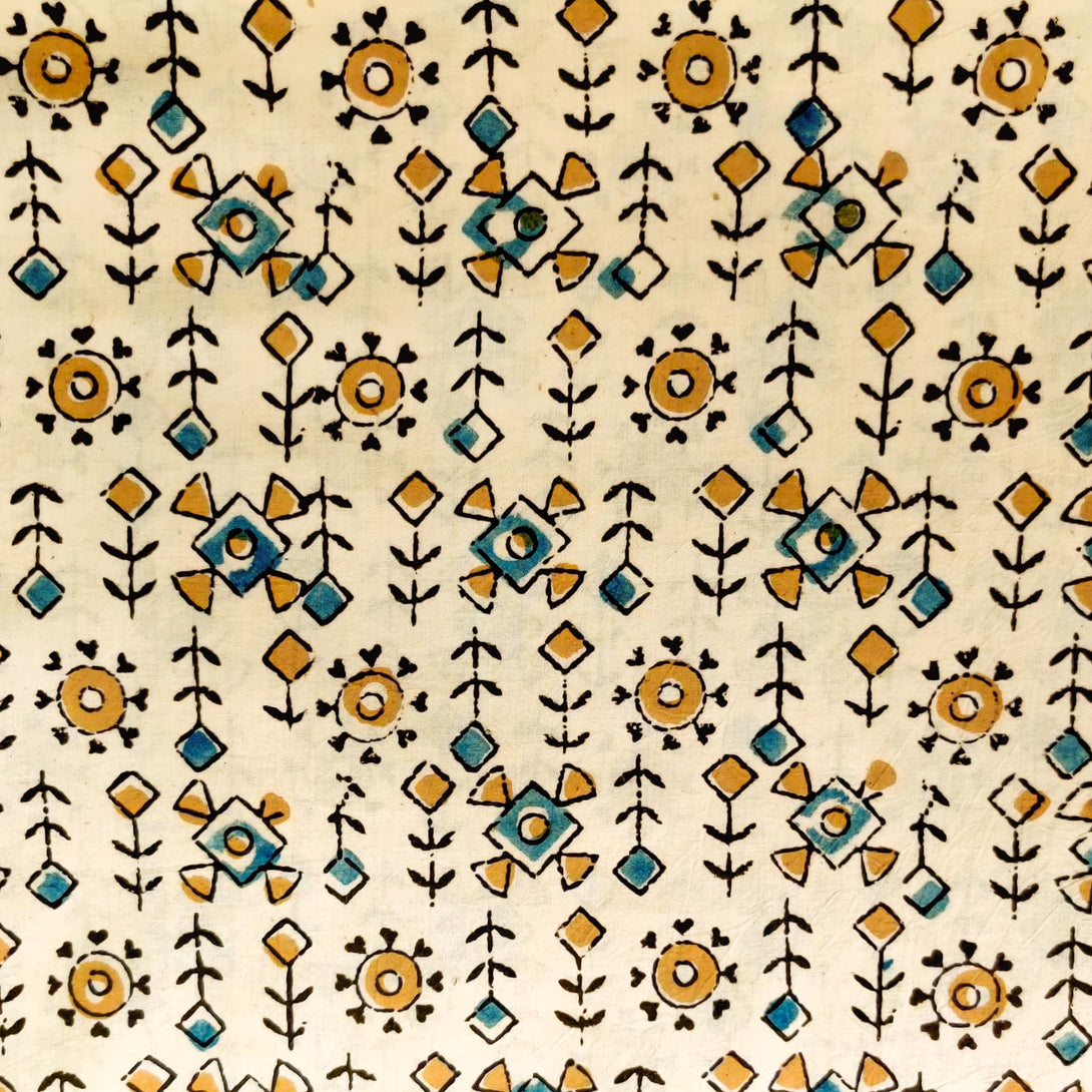 (PRE-CUT 1 METER) Pure Cotton Ajrak Cream With Warli Rangoli Hand Bloc ...