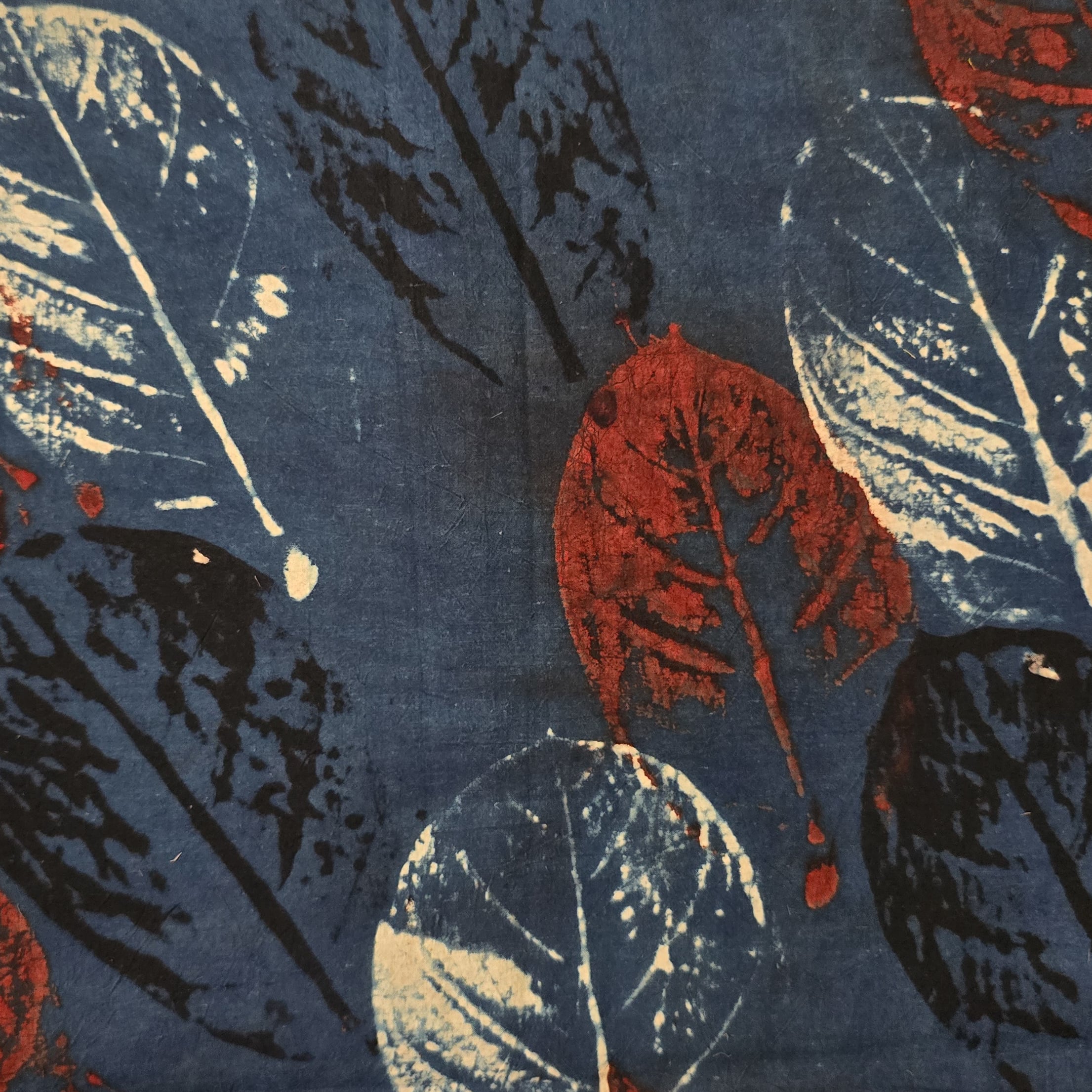 (PRE-CUT 1 METER) Pure Cotton Ajrak Dark Blue Big Colourfull Leaves Mo – Sanskruti